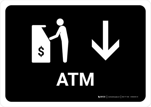 ATM With Down Arrow Black Landscape - Wall Sign