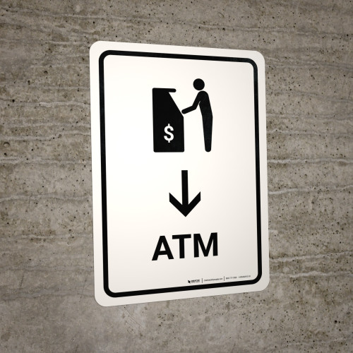 ATM With Down Arrow White Portrait - Wall Sign