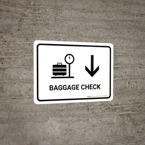 Baggage Check With Down Arrow White Landscape - Wall Sign