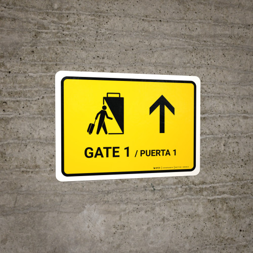Gate 1 With Up Arrow Yellow Bilingual Landscape - Wall Sign
