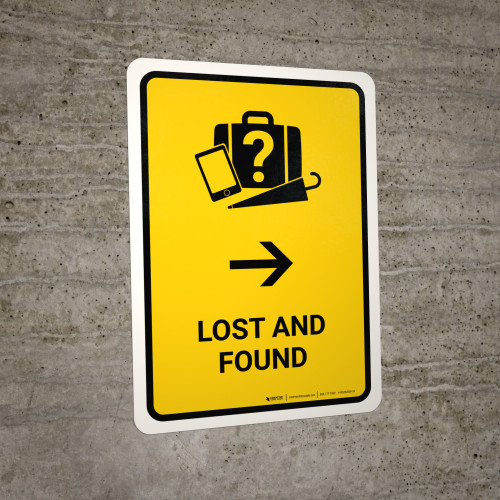 Lost And Found With Right Arrow Yellow Portrait - Wall Sign