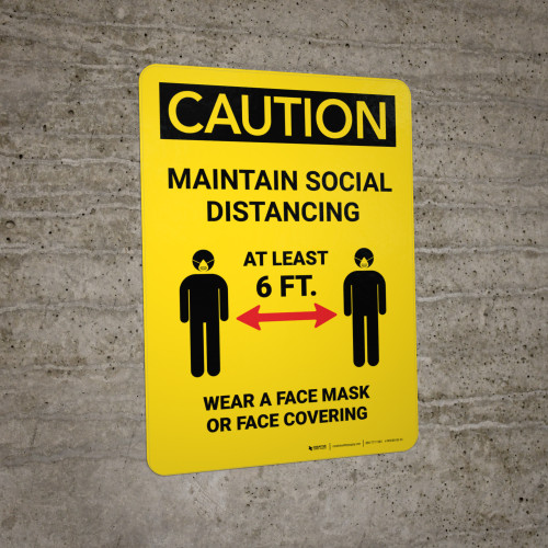 Caution: Social Distancing Wear Face Mask Portrait - Wall Sign ...