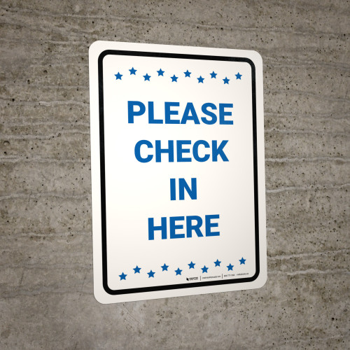 Please Check In Here with Star Icons Portrait - Wall Sign