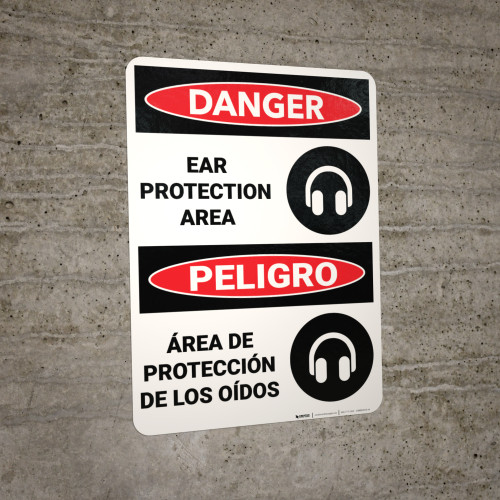 Danger: PPE Ear Protection Area Bilingual Spanish - Wall Sign