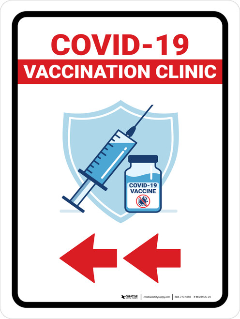 Covid-19 Vaccination Clinic Left Arrow Red Portrait - Wall Sign