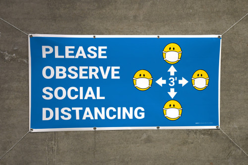 Please Observe Social Distancing 3ft with Facemask Emojis Blue - Banner