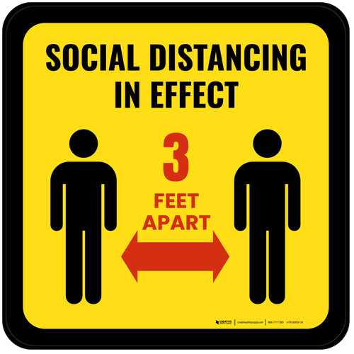 Social Distancing In Effect 3 Feet Apart - Yellow/Black Square - Floor Sign