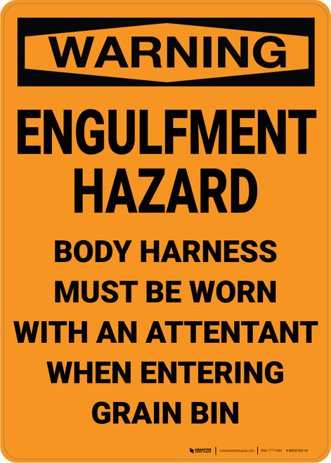 Warning: Engulfment Hazard Body Harness Must Be Worn - Wall Sign ...