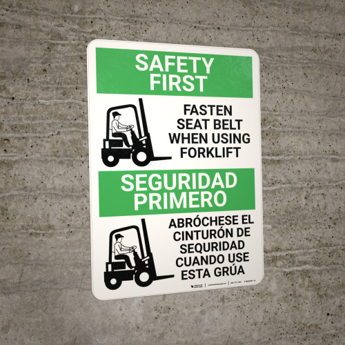 Safety First: Fasten Seat Belt When Using Forklift Bilingual Spanish ...