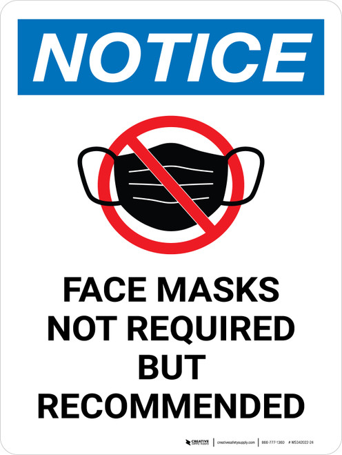 Notice: Face Masks Not Required But Recommended Portrait - Wall Sign
