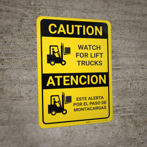 Caution: Watch for Lift Trucks Bilingual Spanish - Wall Sign | Creative ...