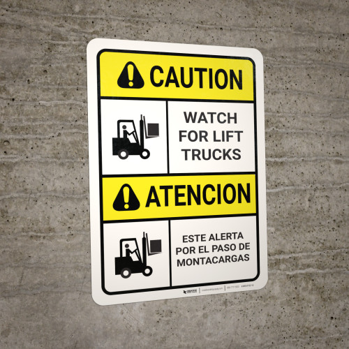 Caution: Watch for Lift Trucks ANSI Bilingual Spanish - Wall Sign ...