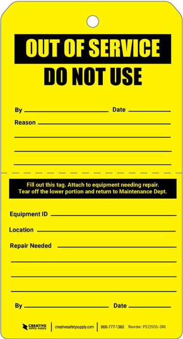 Out Of Service: Do Not Use - Tear-Off Tag