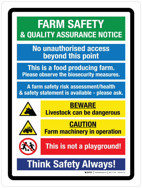 Farm Safety & Quality Assurance Warnings Portrait - Wall Sign