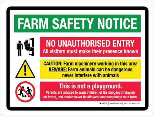 Farm Safety Notice Warnings (No Unauthorised Entry) Landscape - Wall Sign