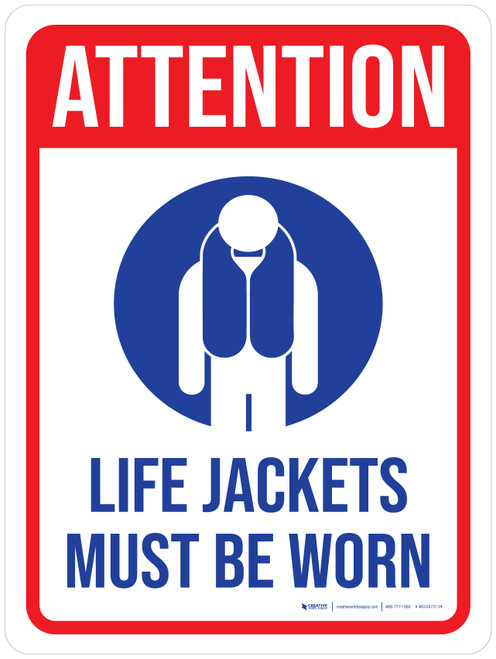 Warning: Life Jackets Must Be Worn with Icon Portrait - Wall Sign