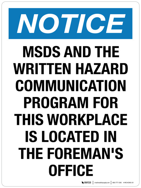 Notice: MSDS And The Written Hazard Communication Program Located In ...