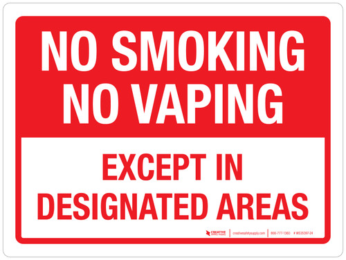 No Smoking No Vaping Except In Designated Areas Landscape - Wall Sign