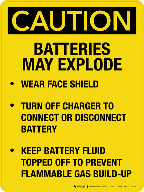 Caution: Batteries May Explode - Safety Reminders Portrait - Wall Sign