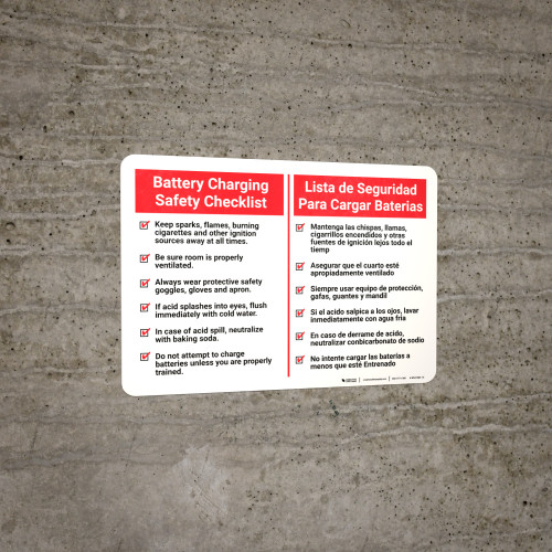 Battery Charging Safety Checklist Bilingual Spanish - Wall Sign
