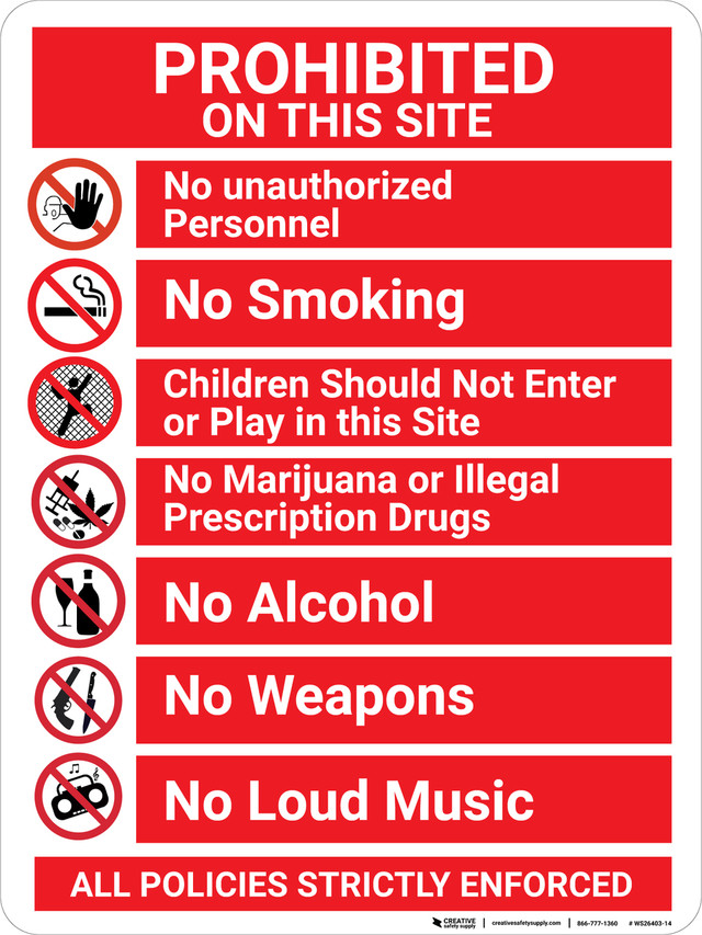 Prohibited On Site All Policies Strictly Enforced with Icons Portrait ...