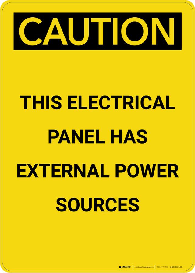 Caution: Electrical Panel Has External Power Sources - Portrait Wall Sign
