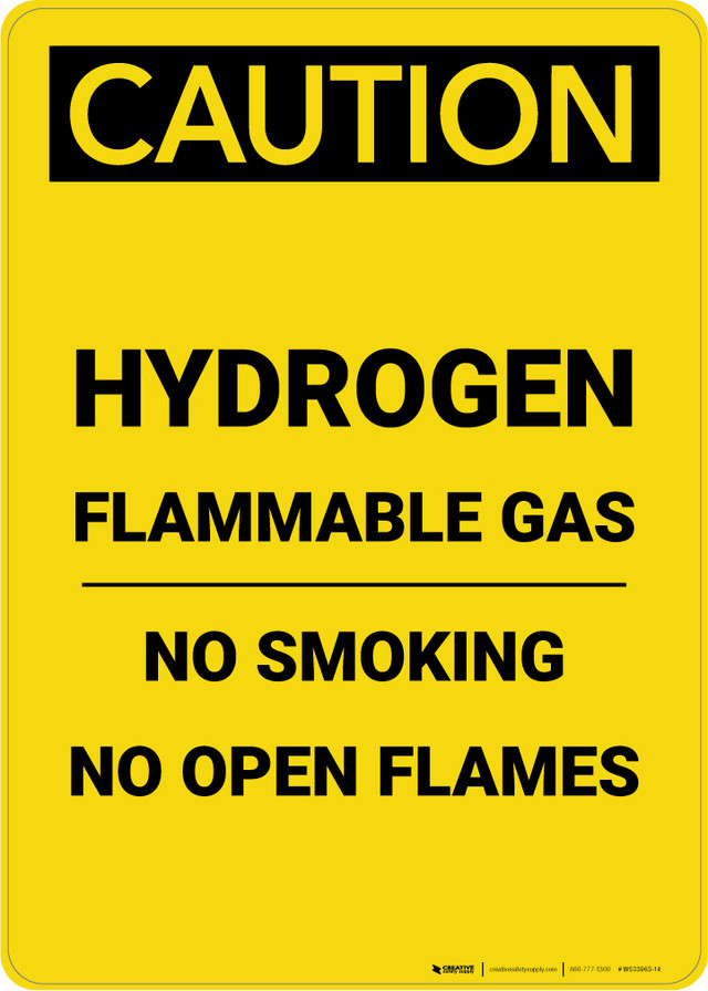 Caution: Flammable Gas Hydrogen No Smoking Open Flames - Portrait Wall Sign