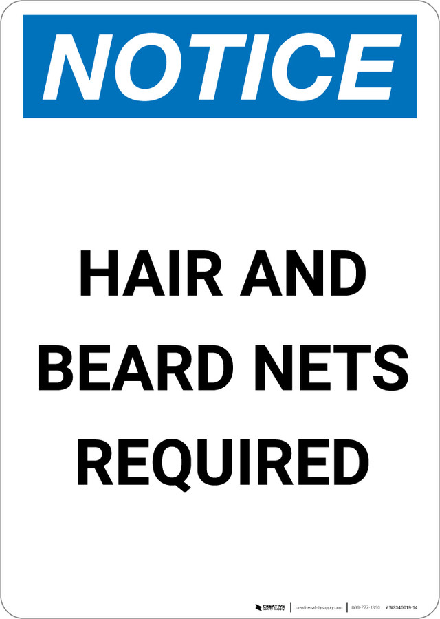 Notice: Hair and Beard Nets Required Wall Sign - Portrait Wall Sign