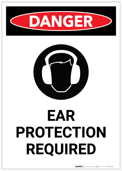 Danger: PPE Ear Protection Required with Icon Portrait - Label