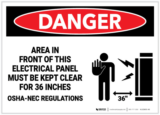 Danger: Area in Front of Electrical Panel Keep Clear for 36 Inches - Label