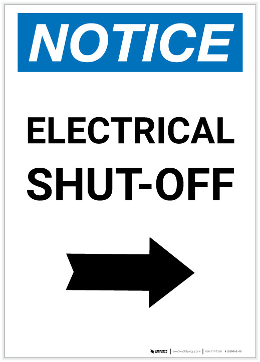 Notice: Electrical Shut-Off Portrait with Right Arrow - Label
