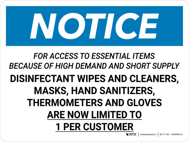 Notice Essential Items Are Limited To 1 Per Customer Landscape - Wall Sign
