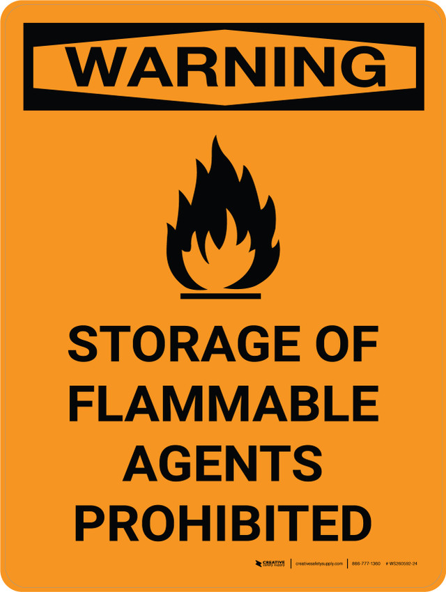 Warning: Storage Flammable Agents Prohibited Portrait With Icon - Wall Sign