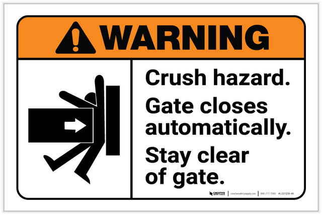 Warning: Crush Hazard - Gate Closes Automatically with Icon ANSI - Label