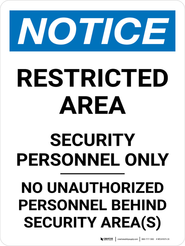 Notice: Restricted Area Security Personnel Only Portrait - Wall Sign