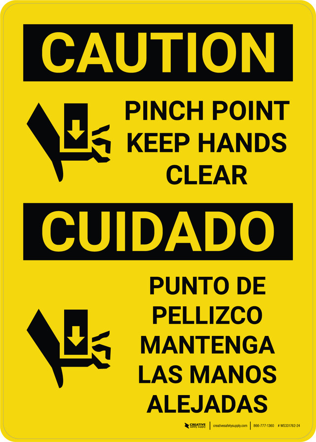 Caution: Pinch Point Keep Hands Clear Bilingual Spanish Portrait - Wall ...