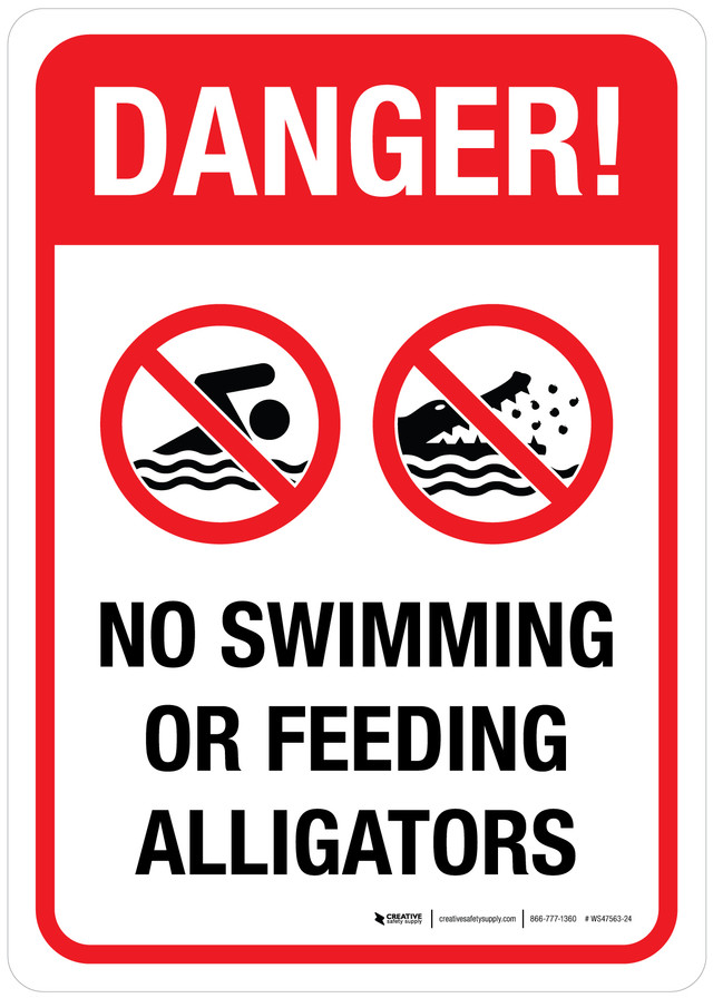 Danger: No Swimming or Feeding Alligators with Icons Portrait - Wall Sign
