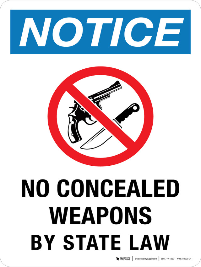 Notice: No Concealed Weapons By State Law Landscape - Wall Sign