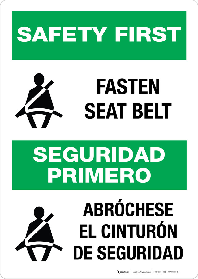 Safety First: Fasten Seat Belt Bilingual Spanish Portrait - Wall Sign