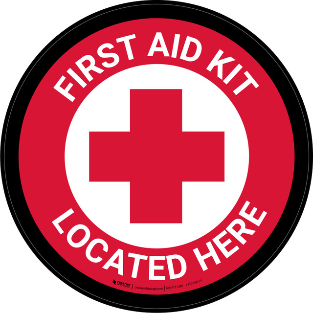 First Aid Kit Located Here Red with Icon Circular - Floor Sign