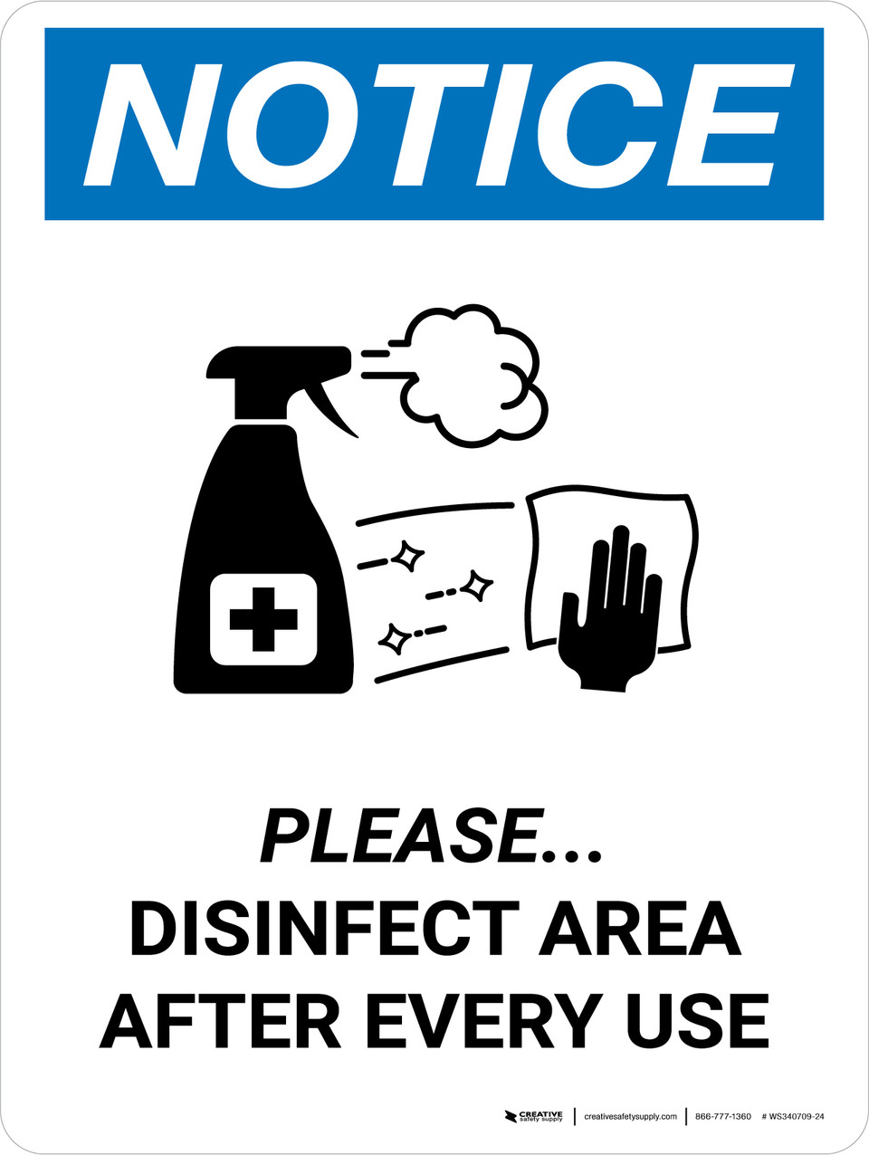 Notice: Please Disinfect Area with Icon Portrait - Wall Sign