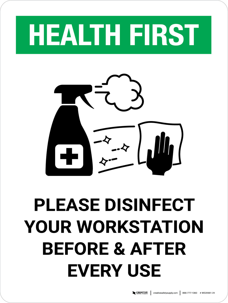 Health First: Please Disinfect Workstation with Icon Portrait - Wall Sign
