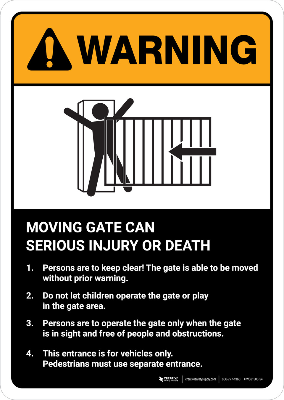 Warning: Moving Gate Can Cause Serious Injury or Death with Icon ANSI ...