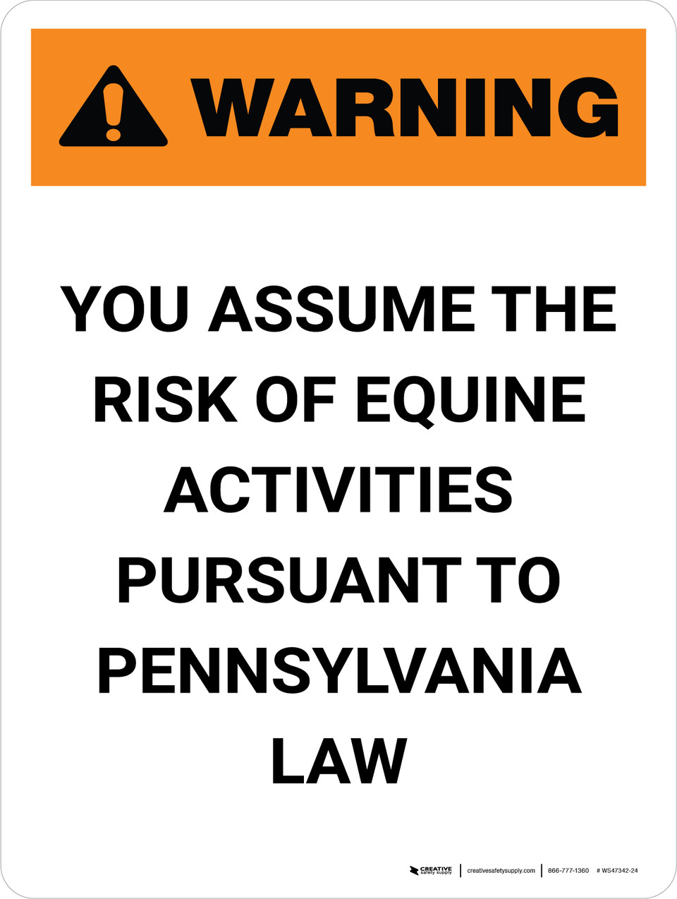 Warning: Pennsylvania You Assume The Risk Of Equine Activities Portrait ...