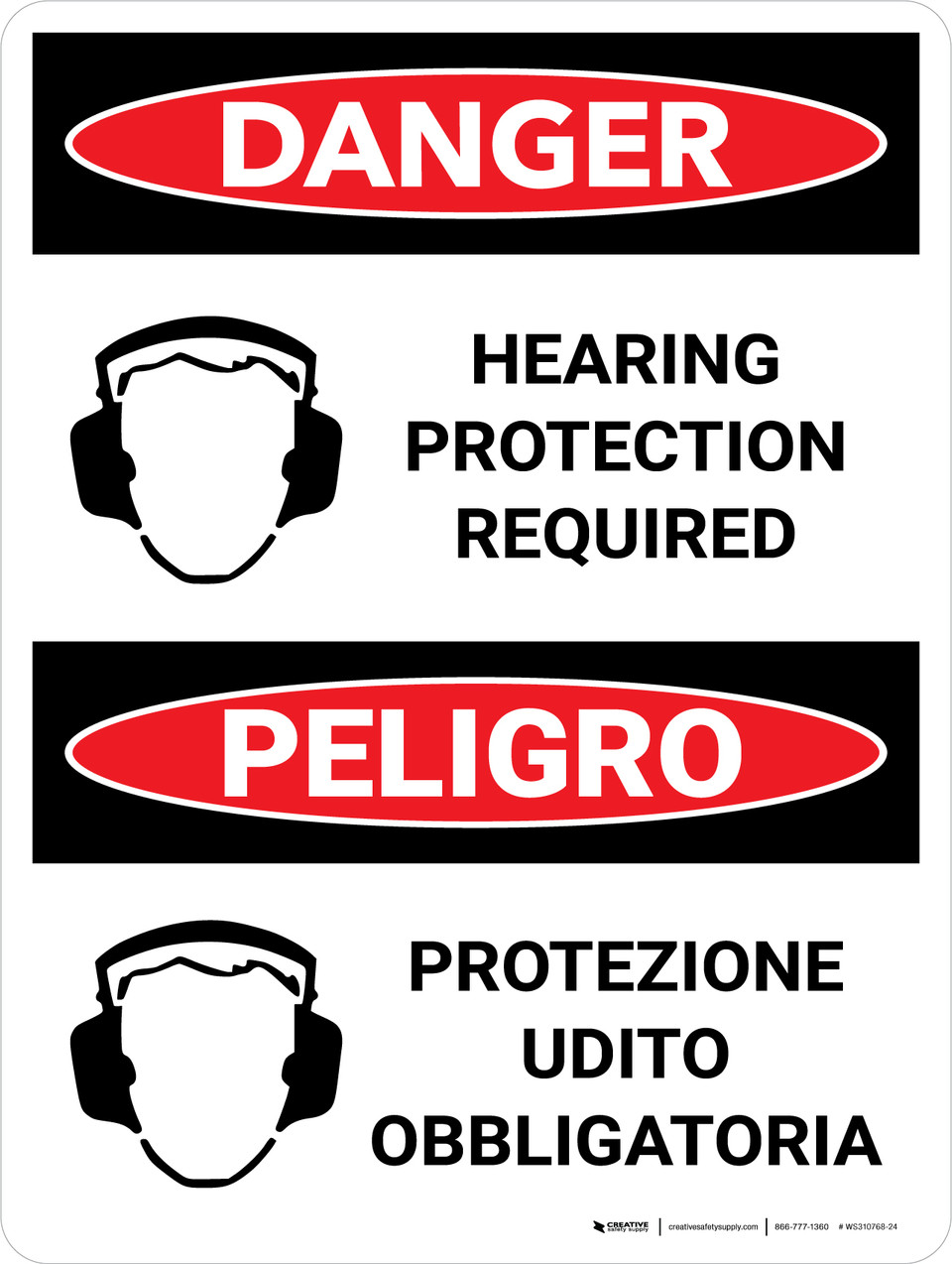 Danger: Hearing Protection Required Bilingual Spanish with Icons - Wall ...