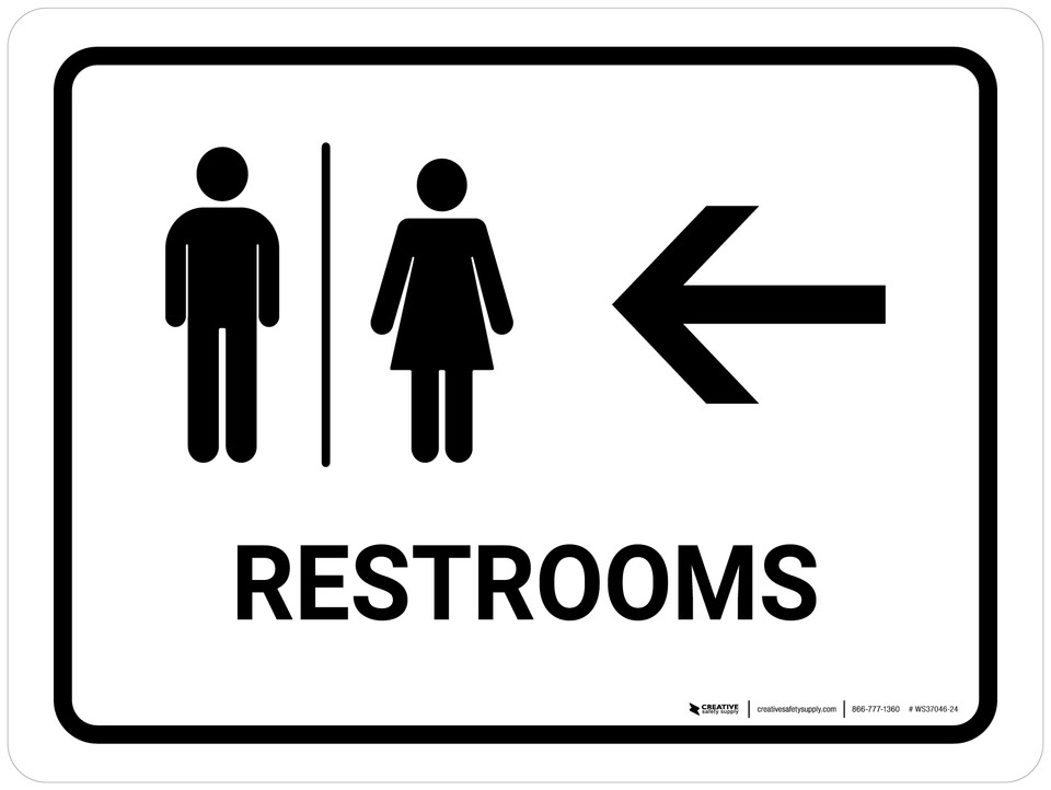Restrooms With Left Arrow White Landscape - Wall Sign