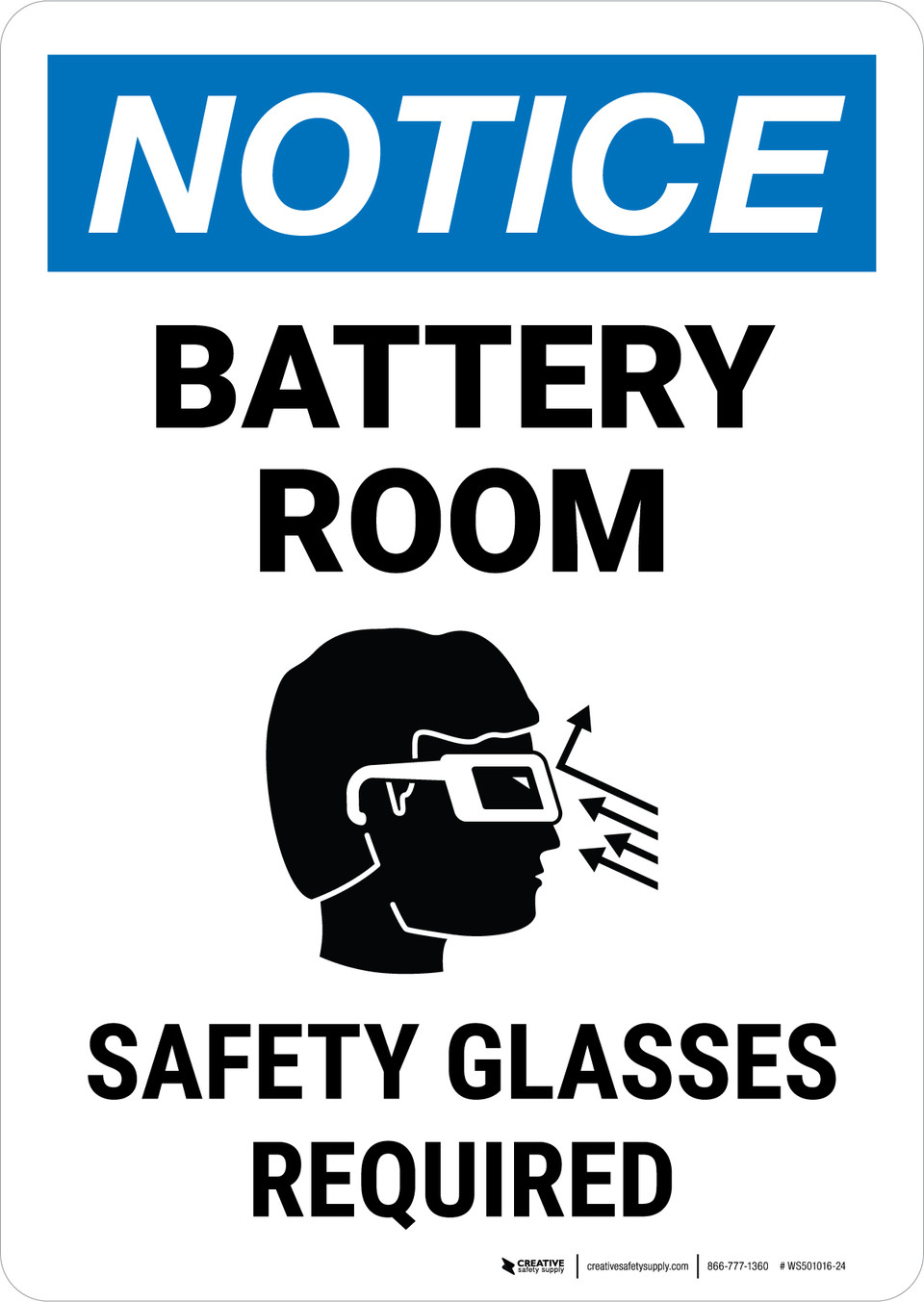 Notice: Battery Room Safety Glasses Required with Icon Portrait - Wall Sign