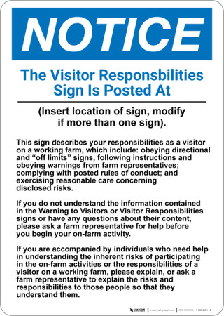Notice: The Visitor Responsibilities Sign - Wall Sign