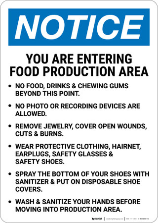 Notice: Food Production Area Bulleted List Portrait - Wall Sign