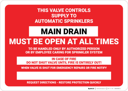 Main Drain Fire Sprinkler Identification Landscape - Wall Sign